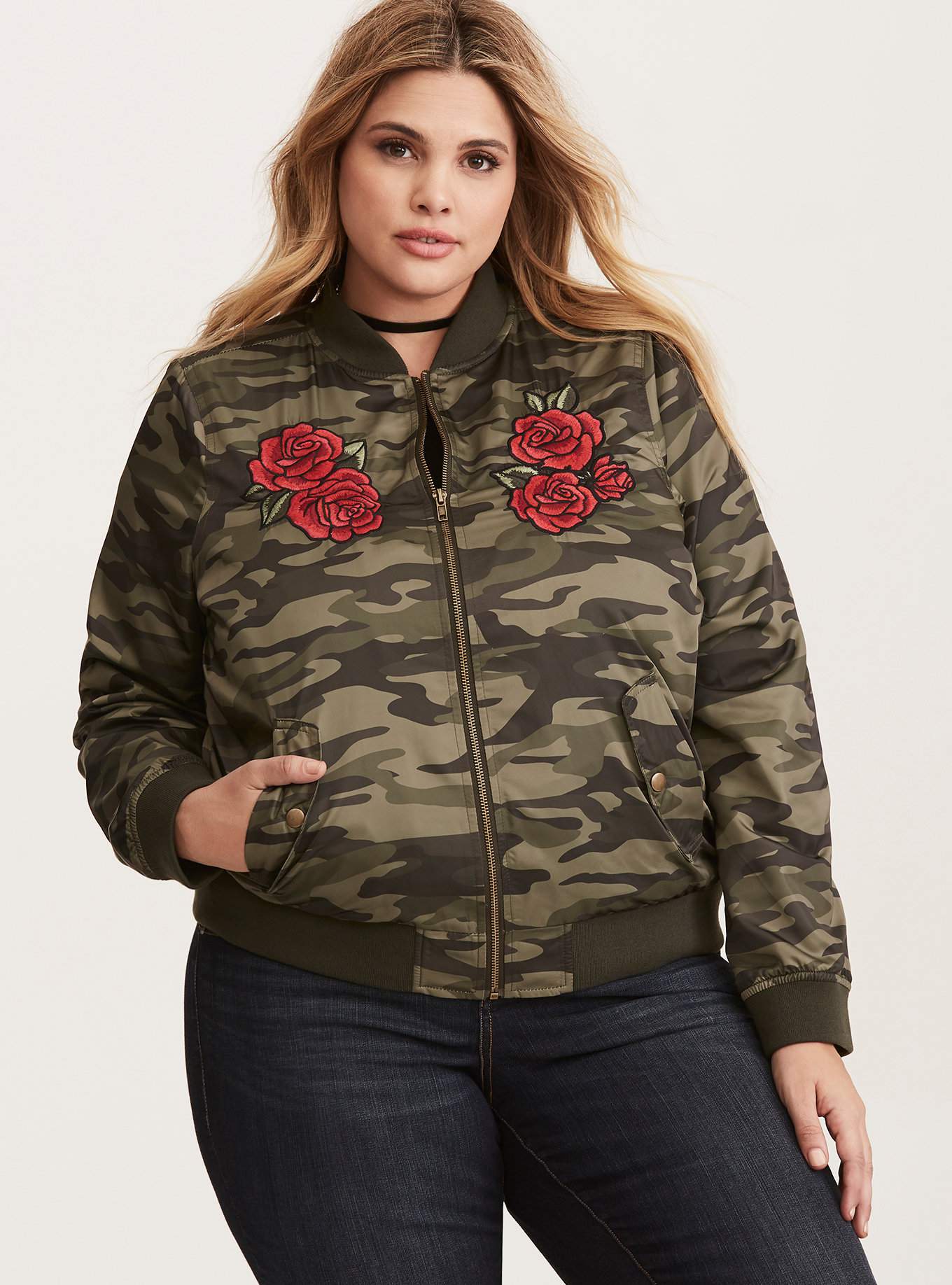 Camo Print Embroidered Bomber Jacket- Torrid | The Curvy Fashionista